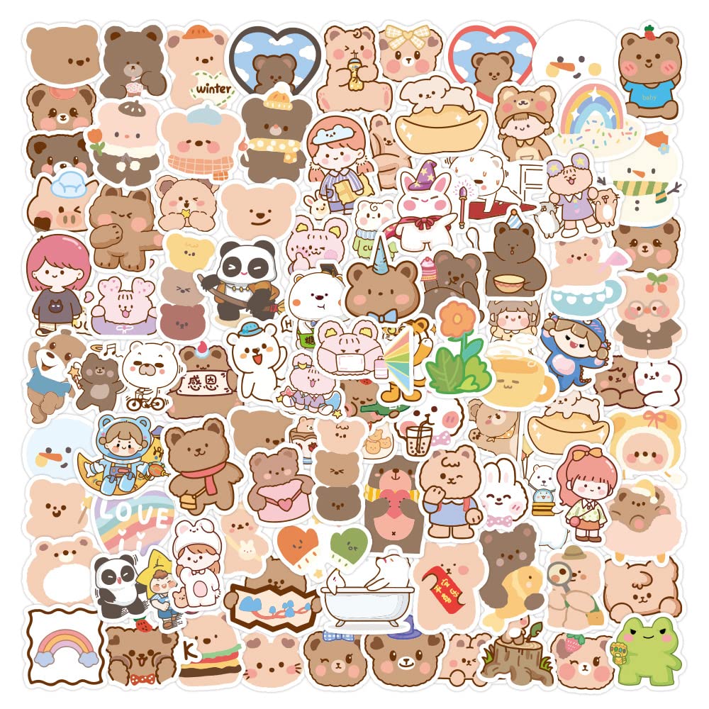 100 PCS Kawaii Bear Stickers Cute Animal Waterproof Stickers Korean Bear Stickers Kawaii Scrapbook Papers for Girls Teens Water Bottles Luggage Decoration