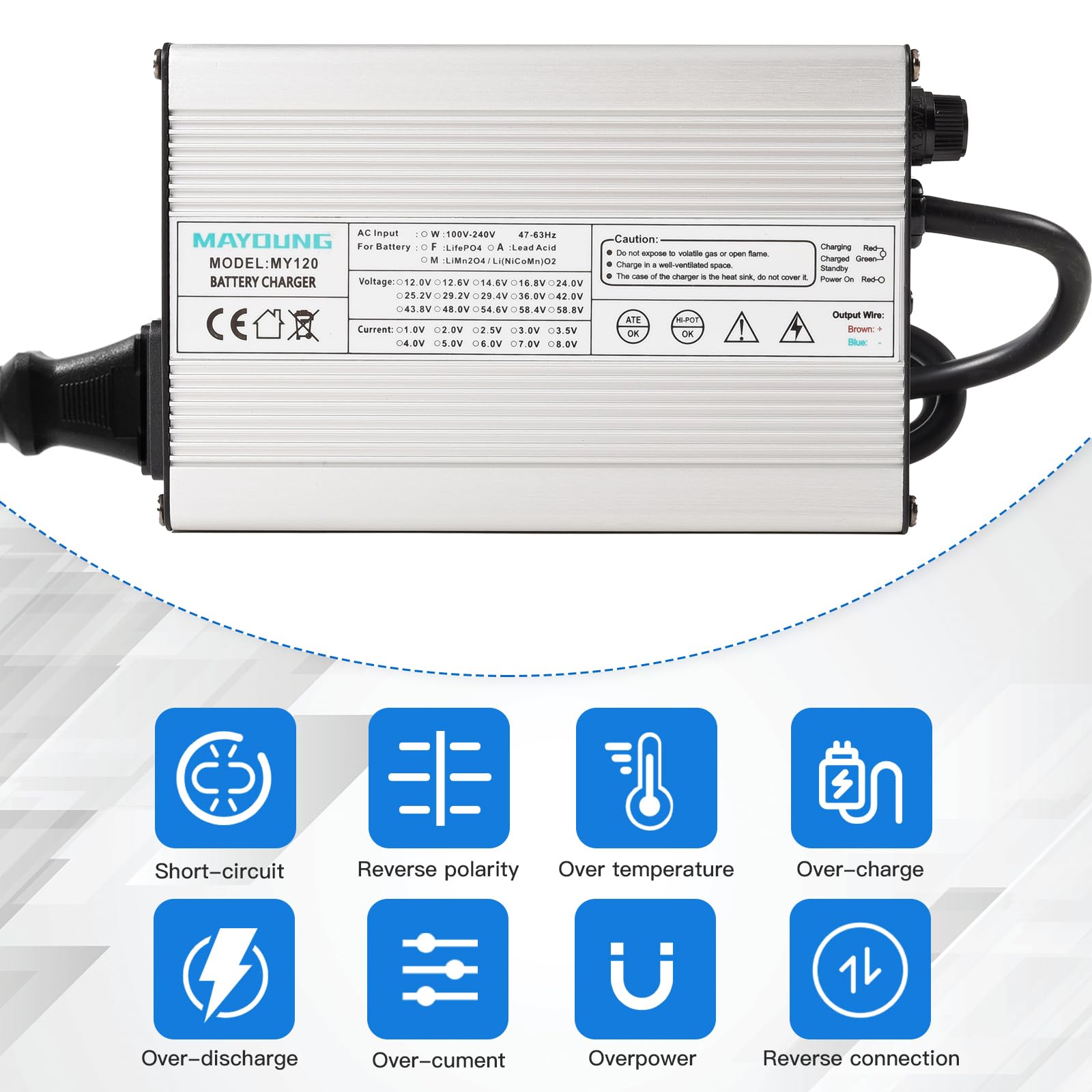 43.8V 2.5A Charger 36V LiFePO4 Battery Smart Charger 12S Aluminum Shell with Fan Battery Pack Charger Input 100VAC-240VAC with Alligator Clips