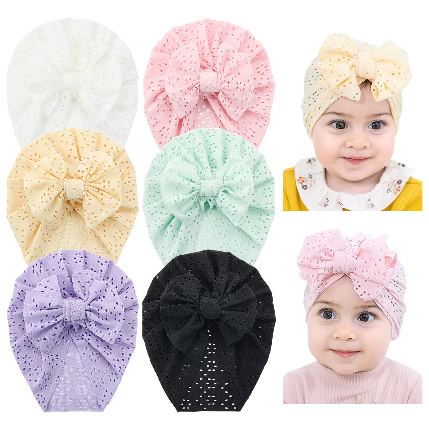 Cinaci 6 Pack Breathable Soft Big Bow Turban Hats Beanie Caps Headwraps for Baby Girls Infants Toddlers Kids