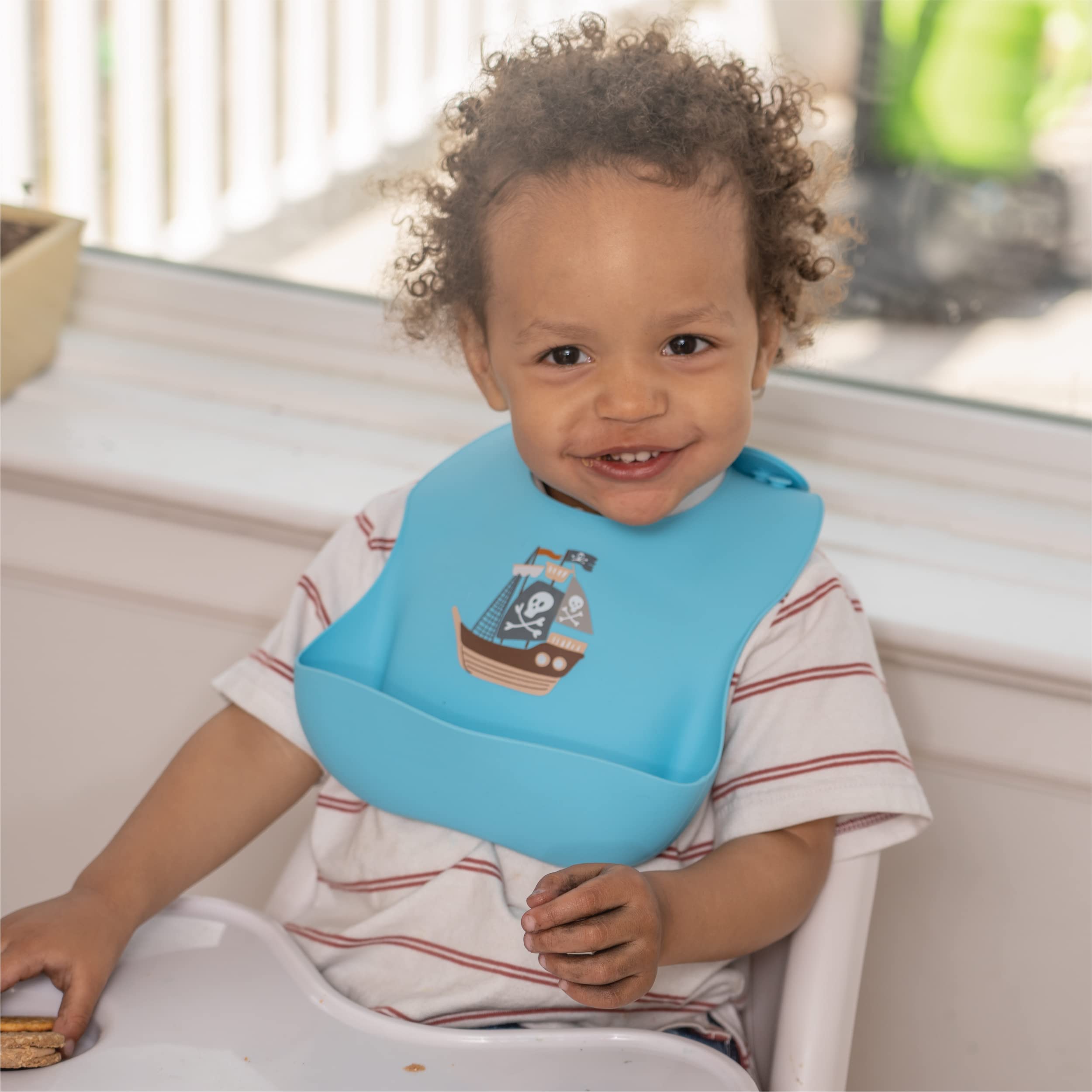 Beanie Kate Silicone Feeding Bib,Durable Pocket Adjustable Strap BPA Free Silicone Waterproof Easy Cleanup Comfortable for Babies & Toddlers (Pirate Ship),Blue,6 month2 years