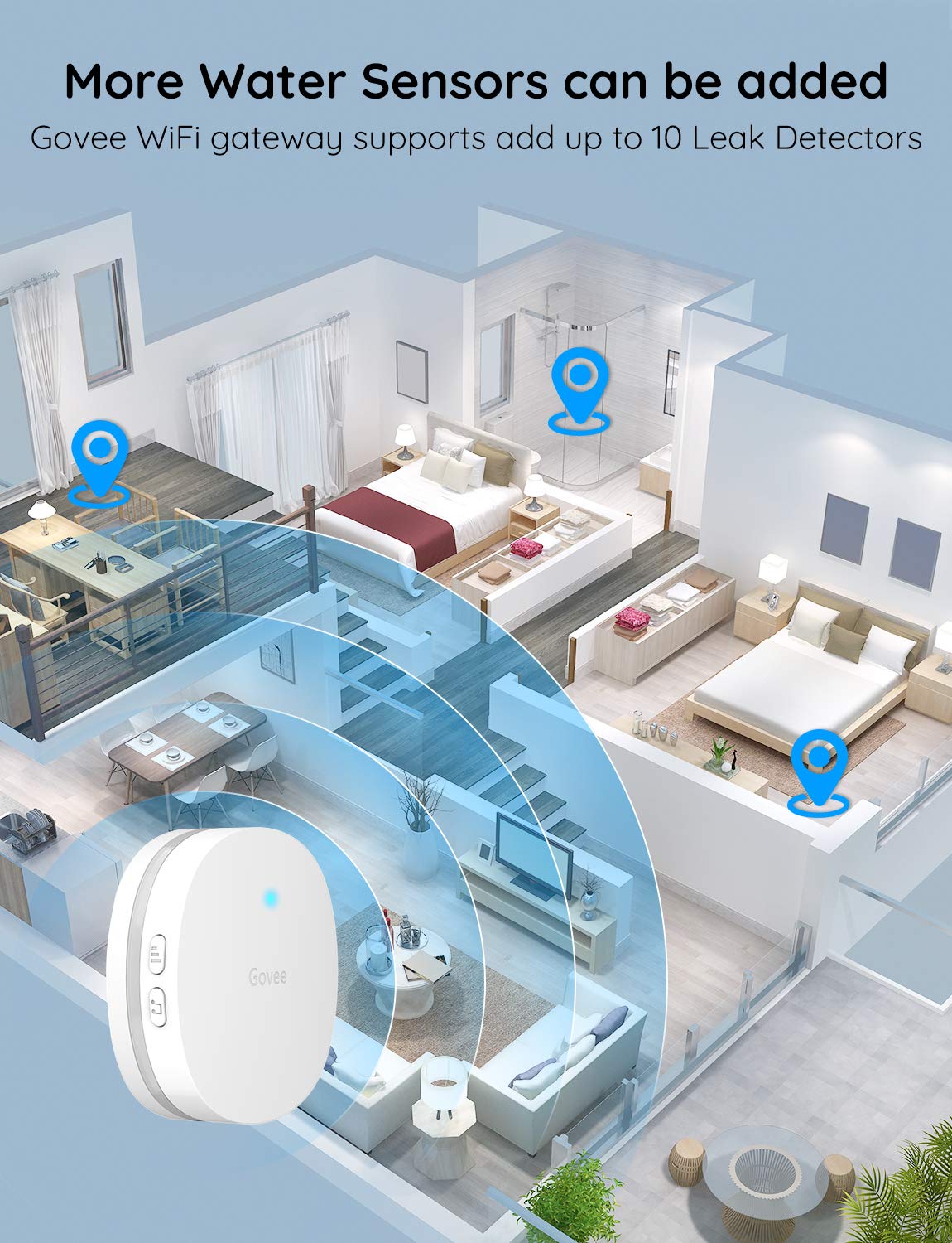 Govee WiFi Water Sensor 3 Pack, 100dB Adjustable Alarm Bundle with Govee Water Detectors 2 Pack, 100dB Adjustable Audio Alarm Sensor