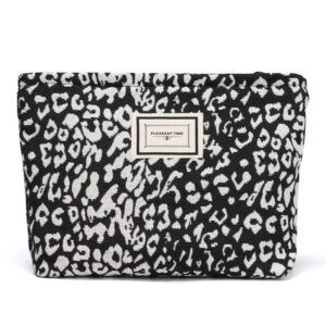 etercycle leopard print makeup bag for women, large capacity canvas makeup bags cosmetic bag travel toiletry organizer bag (black)