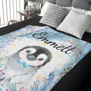 Personalized Baby Blanket for Girls Boys Custom Penguin Baby Blanket with Name Customized Toddler Blanket Personalized Name Gift for Baby Shower Super Soft Blanket for Adult Kid Baby