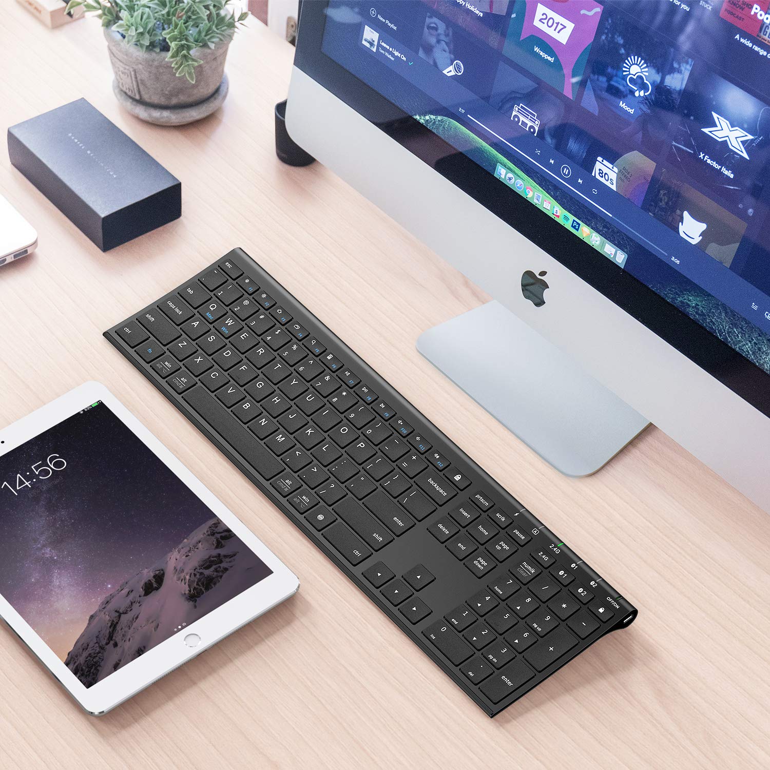 iClever Bluetooth Keyboard, DK03 Wireless Keyboard Multi-Device Keyboard, Dual Mode (Bluetooth 4.2 + 2.4G) Ultra Slim Full Size Keyboard for Mac, iPad, Apple, Connect Up to 3 Devices (Black)