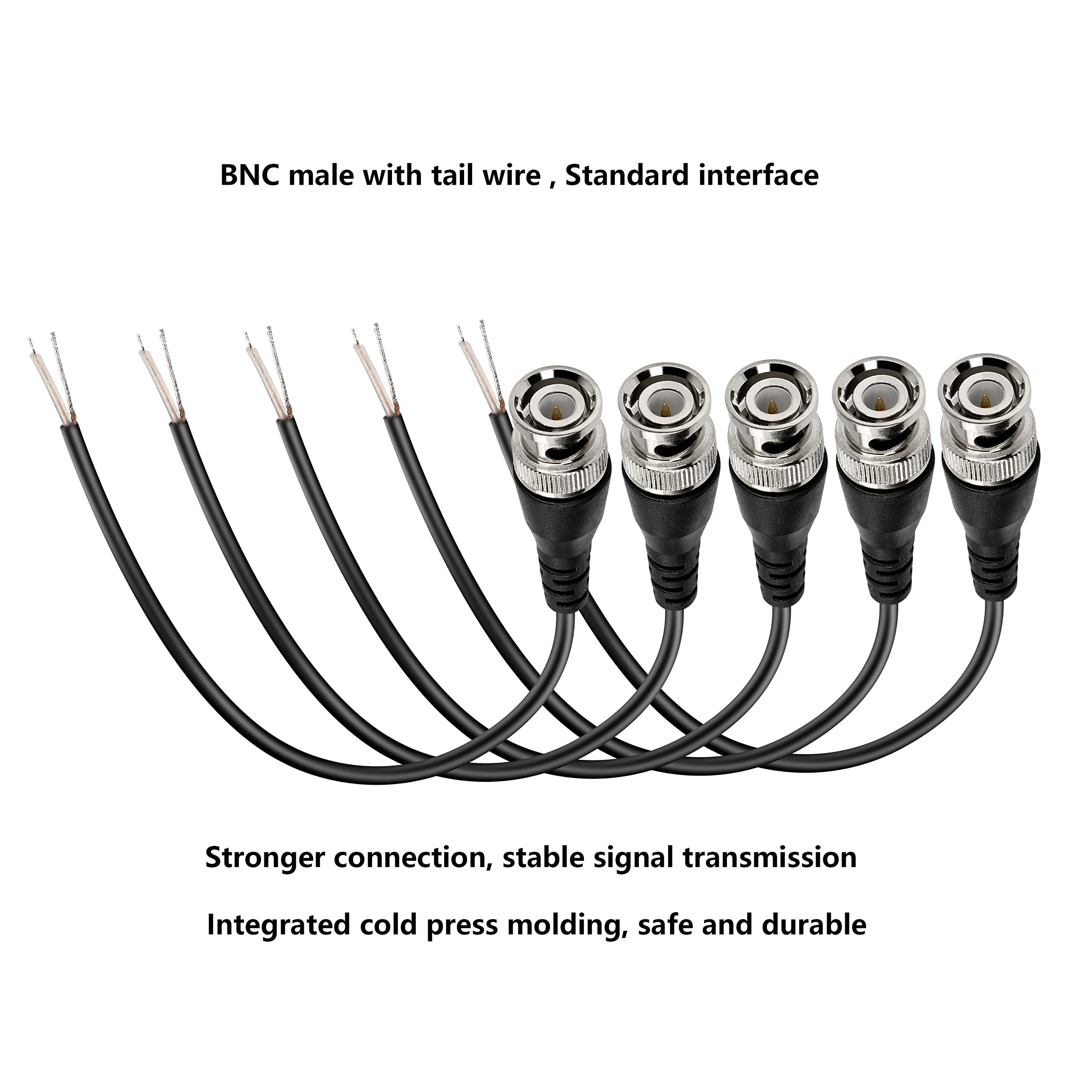 MEIRIYFA BNC Pigtail Cable Bare Wire, BNC Male Coaxial Connector Extension Plug with Open End Wire for CCTV Camera Terminal Adpater (5pcs BNC Male)