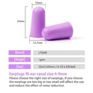 LYSIAN Ultra Soft Foam Earplugs Sleep - 38dB SNR Noise Cancelling Ear Plugs for Sleeping, Shooting, Snoring, Work Loud Sound Reduction- 60 Pairs Valued Pack,Purple