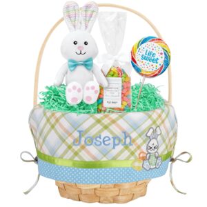 let's make memories personalized easter basket - create your own - wicker basket - embroidered liner - large - blue bunny applique