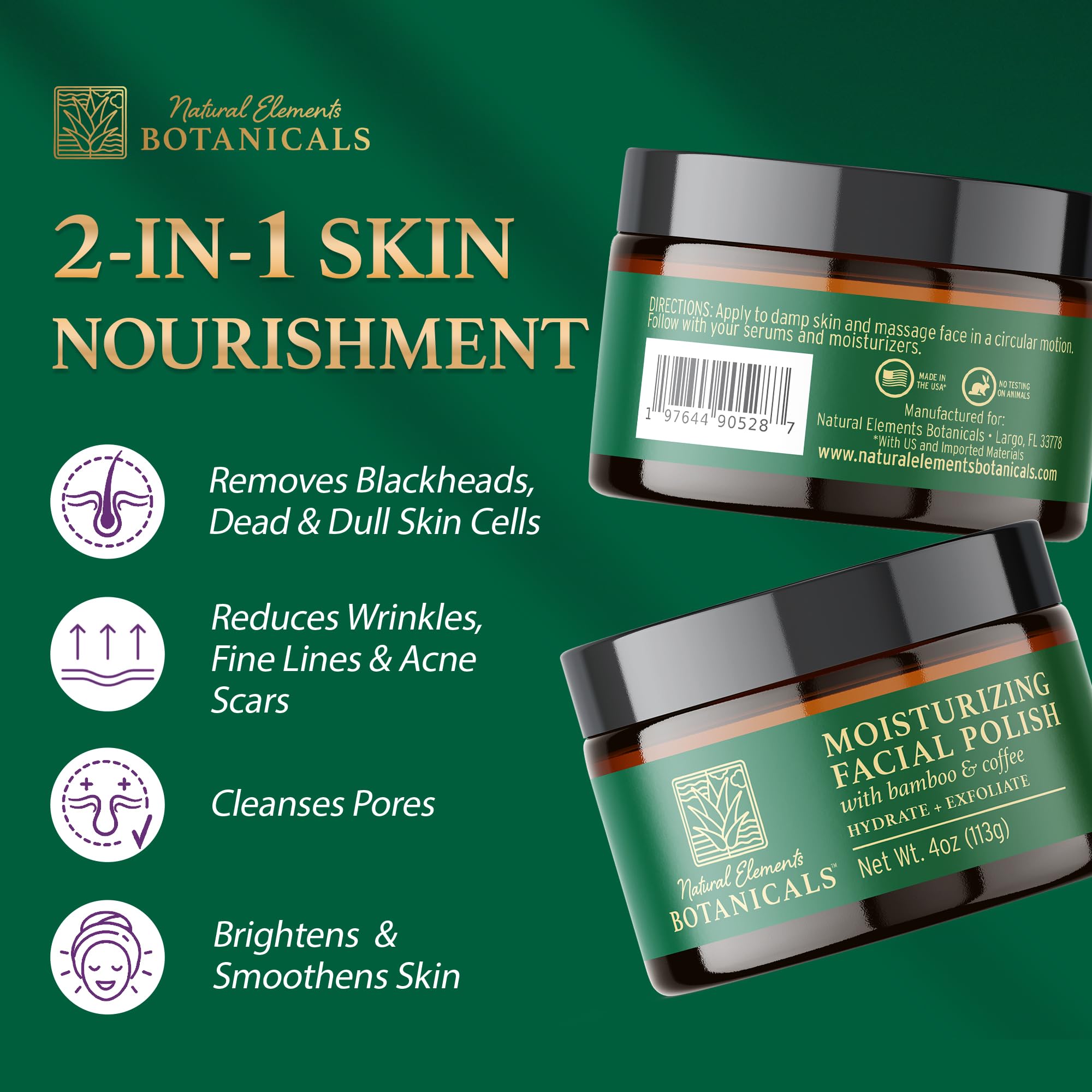 Natural Elements Botanicals Moisturizing Facial Polish, Gentle Face Scrub, 2-in-1 Facial Scrub, Hydrating & Exfoliating Face Scrub, Facial Exfoliator w/Bamboo & Coffee, 2 oz