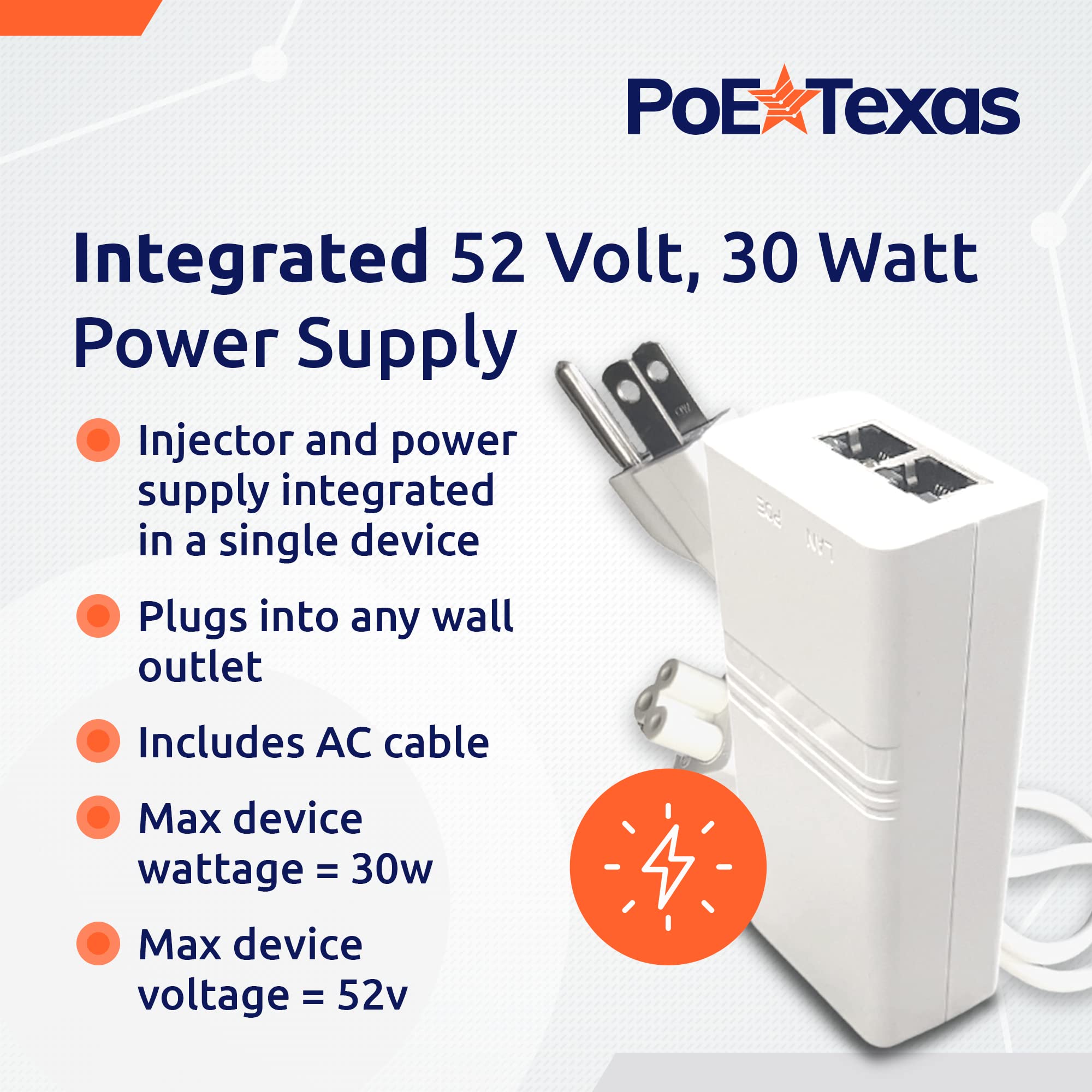 Poe Texas PoE Injector - Single Port PoE+ Power Over Ethernet PoE Adapter for 802.3at - 10/100/1000 Gigabit Data with Integrated 52V 30W Power Supply - Plug & Play USB-C Tablet, IP Camera, VoIP