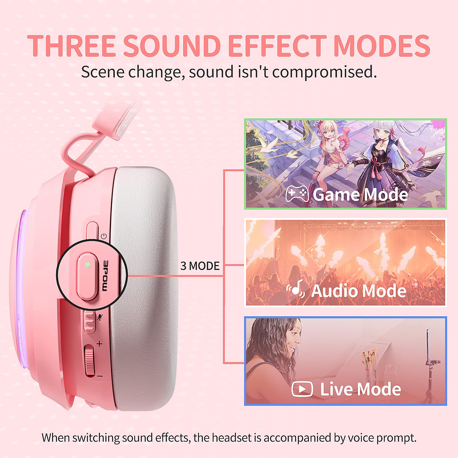 SOMIC Cat Ear Headphones, 2.4G/Bluetooth Wireless Gaming Headset for PS5, PS4, PC with RGB Lights and Retractable Mic, 10Hrs Playtime, 7.1 Surround Sound for Laptop, Smartphone-GS510 Pro - Pink