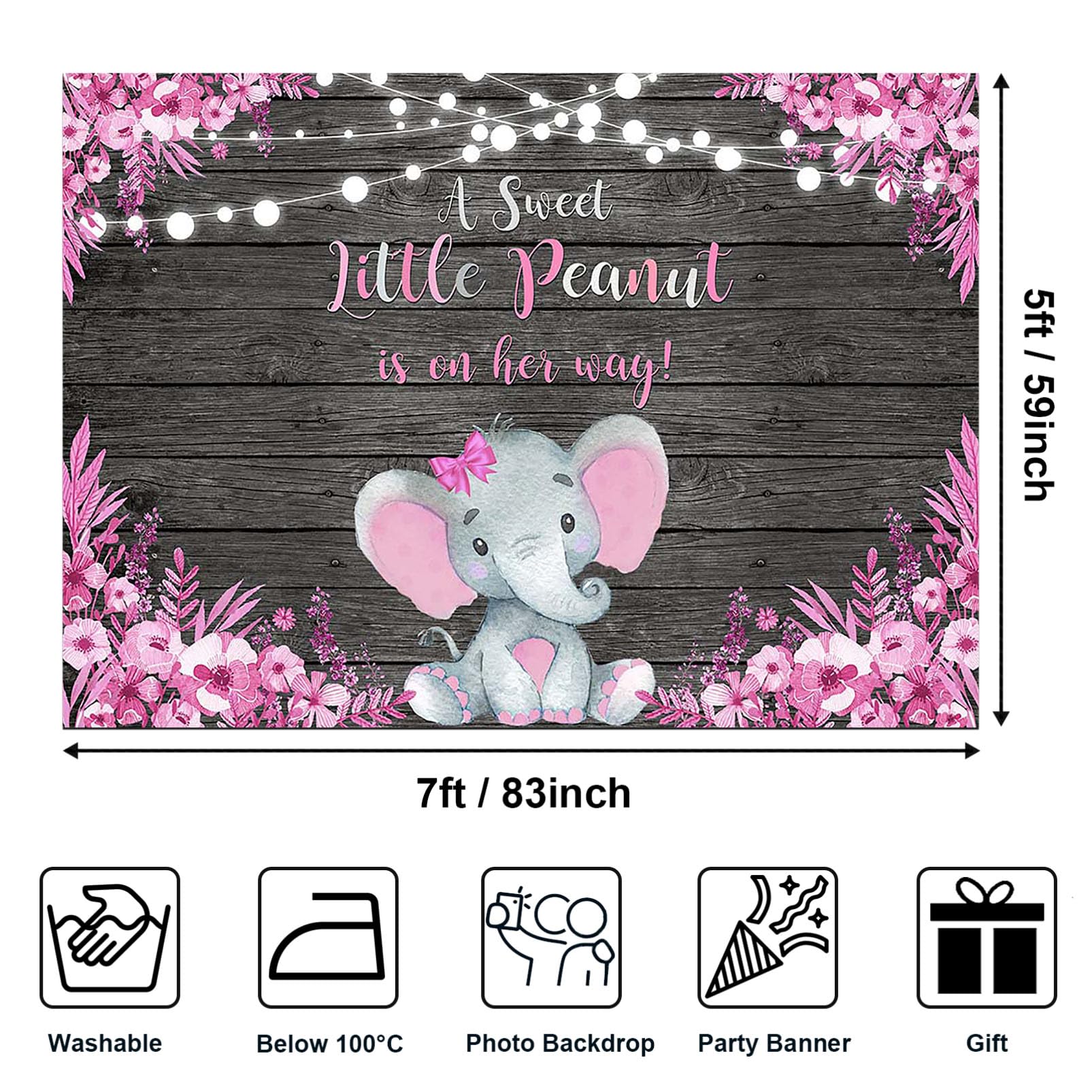 Avezano Pink Elephant Baby Shower Backdrop A Sweet Little Peanut is on Her Way Elephant Baby Shower Background Rustic Floral Girls Elephant Baby Shower Photoshoot Decorations (7x5, Pink)