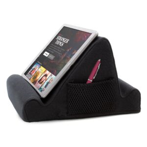 brookstone - memory foam lap desk tablet holder, holds phones, ipads, e-book readers, 2 viewing angles, 2 side pockets for accessories, book holder cushion, perfect for home, car travel & flights