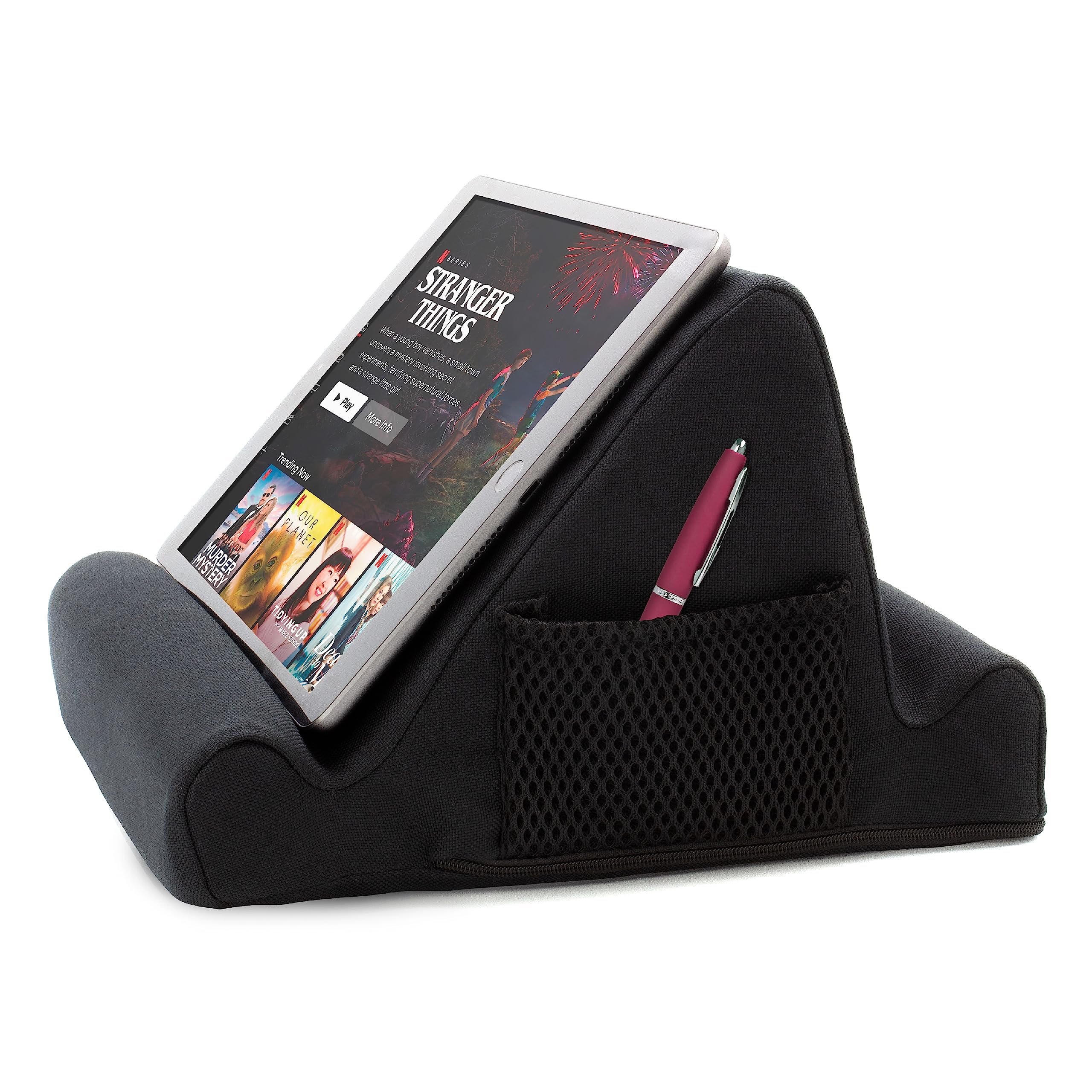 Brookstone - Memory Foam Lap Desk Tablet Holder, Holds Phones, iPads, E-Book Readers, 2 Viewing Angles, 2 Side Pockets for Accessories, Book Holder Cushion, Perfect for Home, Car Travel & Flights