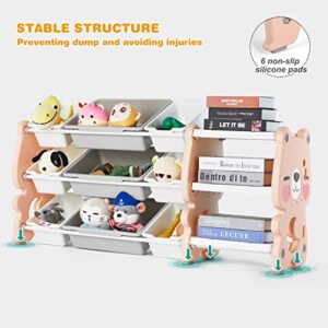 JOYLDIAS Kids' Toy Storage Organizer, 3-Tier Toys Shelves Kids Storage Organizer for Toys with Removable Bins, DIY Stickers, Cartoon Bear Style 47.2''x13''x25.4'', Sakura Pink