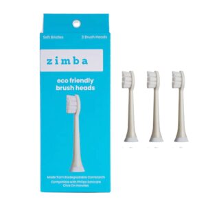 zimba whitening replacement brush heads compatible with philips sonicare toothbrush with click-on handles, 3 pack replacement heads, eco brush heads made from plants