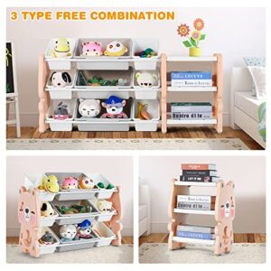 JOYLDIAS Kids' Toy Storage Organizer, 3-Tier Toys Shelves Kids Storage Organizer for Toys with Removable Bins, DIY Stickers, Cartoon Bear Style 47.2''x13''x25.4'', Sakura Pink