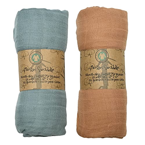 Baby Muslin Swaddle Blankets - Baby Swaddle Blanket for Baby Girl and Baby Boy, Soft Organic Bamboo Cotton Muslin Blanket, Light Breathable, Swaddle Wrap Receiving, 2 Pack, 47 x 47 Inches