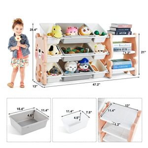 JOYLDIAS Kids' Toy Storage Organizer, 3-Tier Toys Shelves Kids Storage Organizer for Toys with Removable Bins, DIY Stickers, Cartoon Bear Style 47.2''x13''x25.4'', Sakura Pink