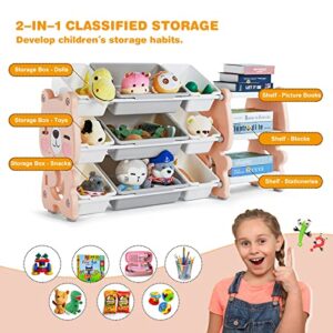 JOYLDIAS Kids' Toy Storage Organizer, 3-Tier Toys Shelves Kids Storage Organizer for Toys with Removable Bins, DIY Stickers, Cartoon Bear Style 47.2''x13''x25.4'', Sakura Pink