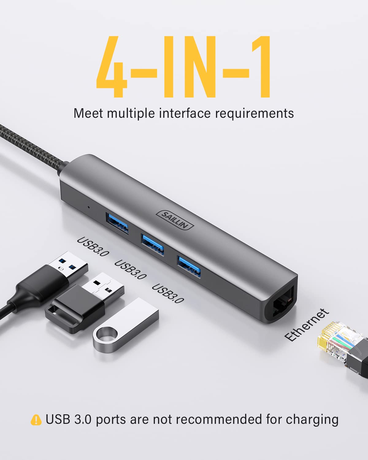 USB C to Ethernet Adapter, SAILLIN USB C Hub with RJ45 Gigabit and 3 USB 3.0 Ports, Thunderbolt 3 Multiport Adapter Hub 4 in 1 for MacBook Pro/Air, iPad Pro, iMac, Dell XPS, Surface Pro, Chromebook