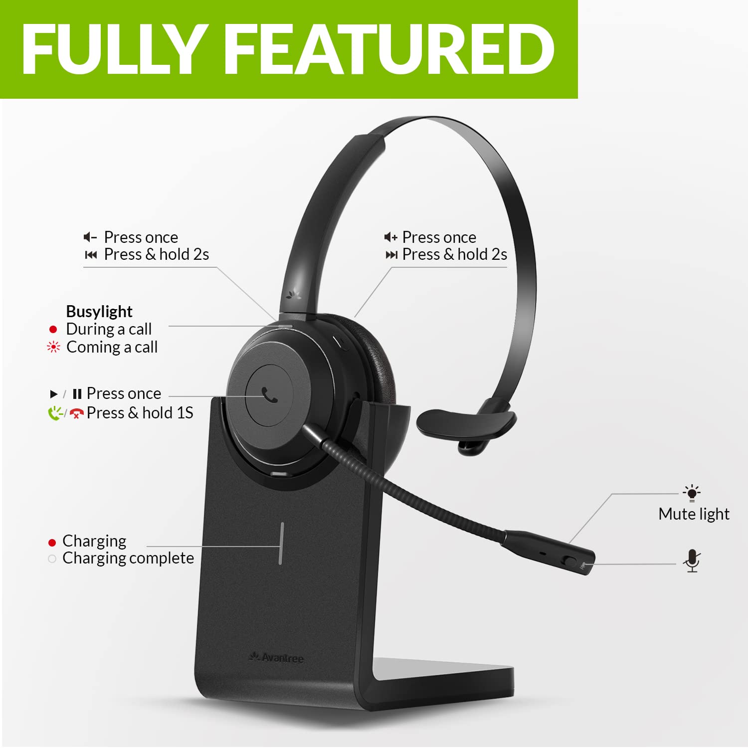 Avantree Alto Solo - Bluetooth 5.1 Wireless Headset with USB Adapter & Noise Cancelling Microphone, Support Phone & PC Simutaneously, Mute Switch, Busy Light, Wired Use for Computer Laptop