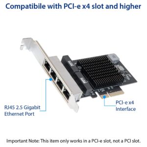 IO CREST Quad 2.5 Gigabit Ethernet PCI Express PCI-E Network Interface Card 10/100/1000/25000 Mbps RJ45 LAN Realtek RTL8125 Chipset, Black (SI-PEX24077)