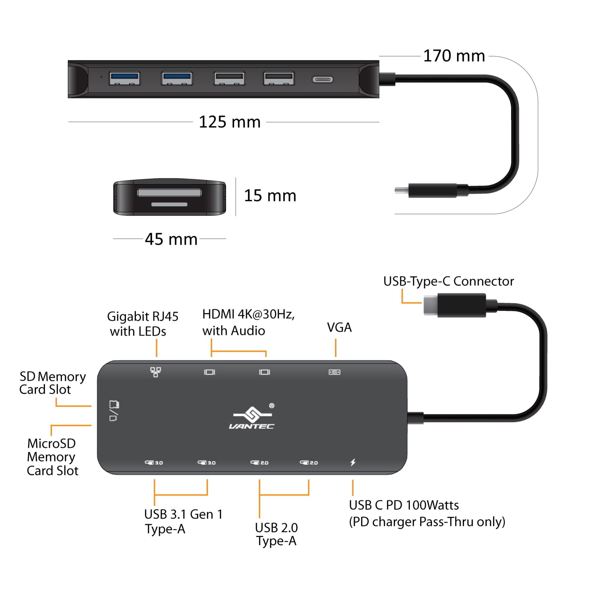 Vantec Link USB C Multi-Function Hub with 2xHDMI 4K, VGA, Gigabit, SD, MicroSD, 2xUSB 3.1, 2xUSB 2.0, PD 100W, USB C (CB-CU302MDSH)