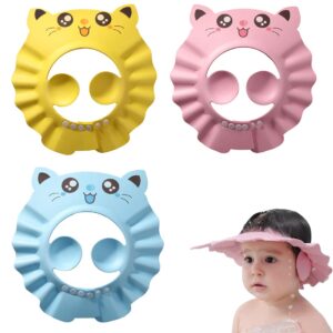 anller 3 pieces baby shower cap, soft adjustable bath shampoo cap with ear protection, funny cartoon bathing cap for children, kids and toddlers(pink+blue+yellow)