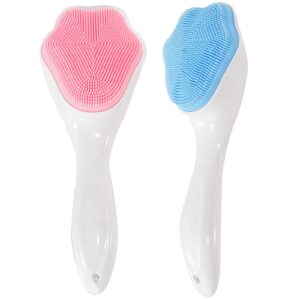 silicone face scrubber exfoliating brush, beomeen 2 pack manual handheld facial cleansing and blackhead scrubber, soft bristles waterproof for face skincare (blue, pink)