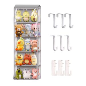 stuffed animal storage, hanging over the door stuffed animal organizer with 5 clear dust-proof pocket organizer for display kid's toys.(light gray)