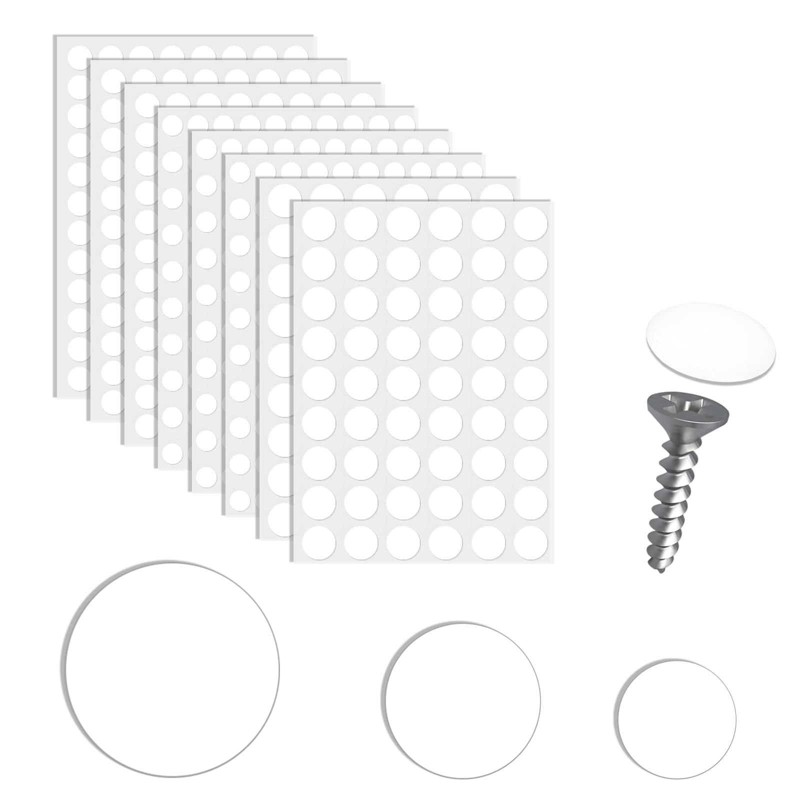 AIEX 870pcs PVC Screw Hole Stickers, 3 Sizes White Self-Adhesive Furniture Stickers for Wood Cabinet Shelve