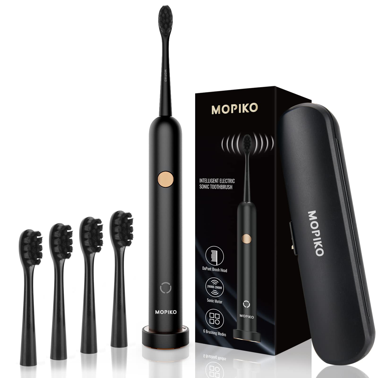 MOPIKO Electric Toothbrush for Adults,Travel Toothbrush Kit,Rechargeable Sonic Electric Toothbrushes with Travel Case and 4 Brush Heads,6 Modes,Cordless Fast Charge,Smart Timer (Black)