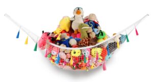 stuffed animal net, toy storage hammock, premium plush hanging stuff animals organizer, mesh pet net with 12pcs colorful tassels for nursery play room bedroom kid room(large, white)