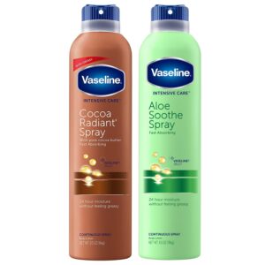 vaseline cocoa radiant spray + aloe soothe spray variety 2-pack – non-greasy, fast-absorbing all-over moisturizers for dry skin, 6.5 oz ea