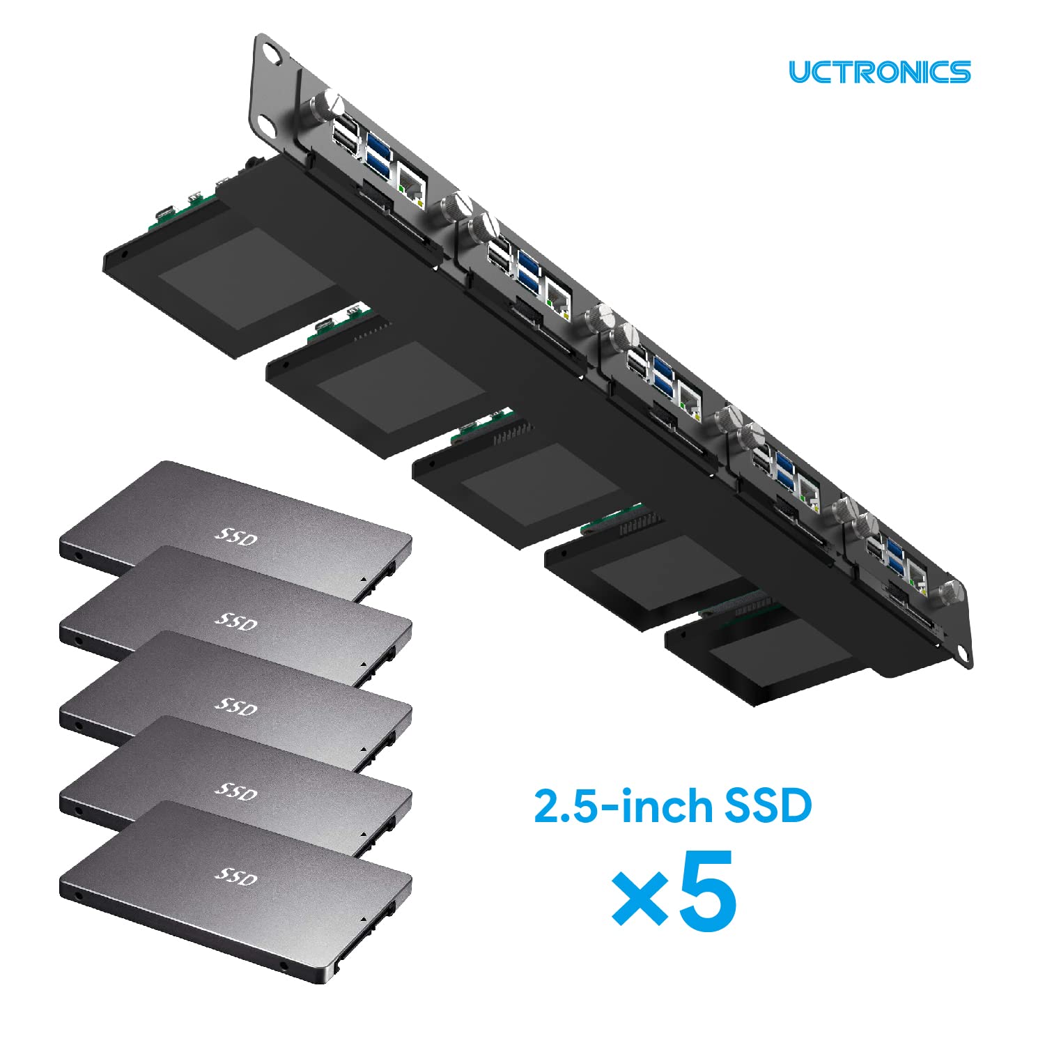 UCTRONICS 19" 1U Rackmount for Raspberry Pi, SSD Bracket for Any 2.5" SSDs, Hold Up to 5 Raspberry Pi 5/4B Boards, Front-Removable with Captive Screws