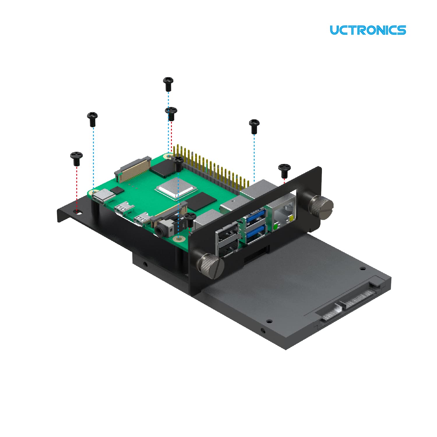 UCTRONICS 19" 1U Rackmount for Raspberry Pi, SSD Bracket for Any 2.5" SSDs, Hold Up to 5 Raspberry Pi 5/4B Boards, Front-Removable with Captive Screws