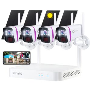 xmarto wifi 6 wire-free solar home security camera system wireless, 4-cam 4mp qhd cctv camera kit with 10ch expandable 4k wifi nvr and past 120-day video storage, all-weather solar charge (scs-2k104)