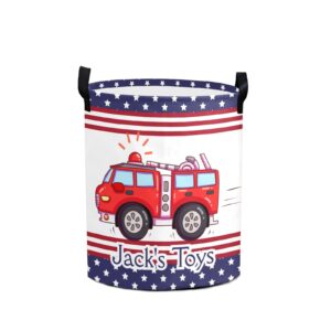 grandkli red fire truck personalized freestanding laundry hamper, custom waterproof collapsible drawstring basket storage bins with handle for clothes, toy, 50cm x 36cm