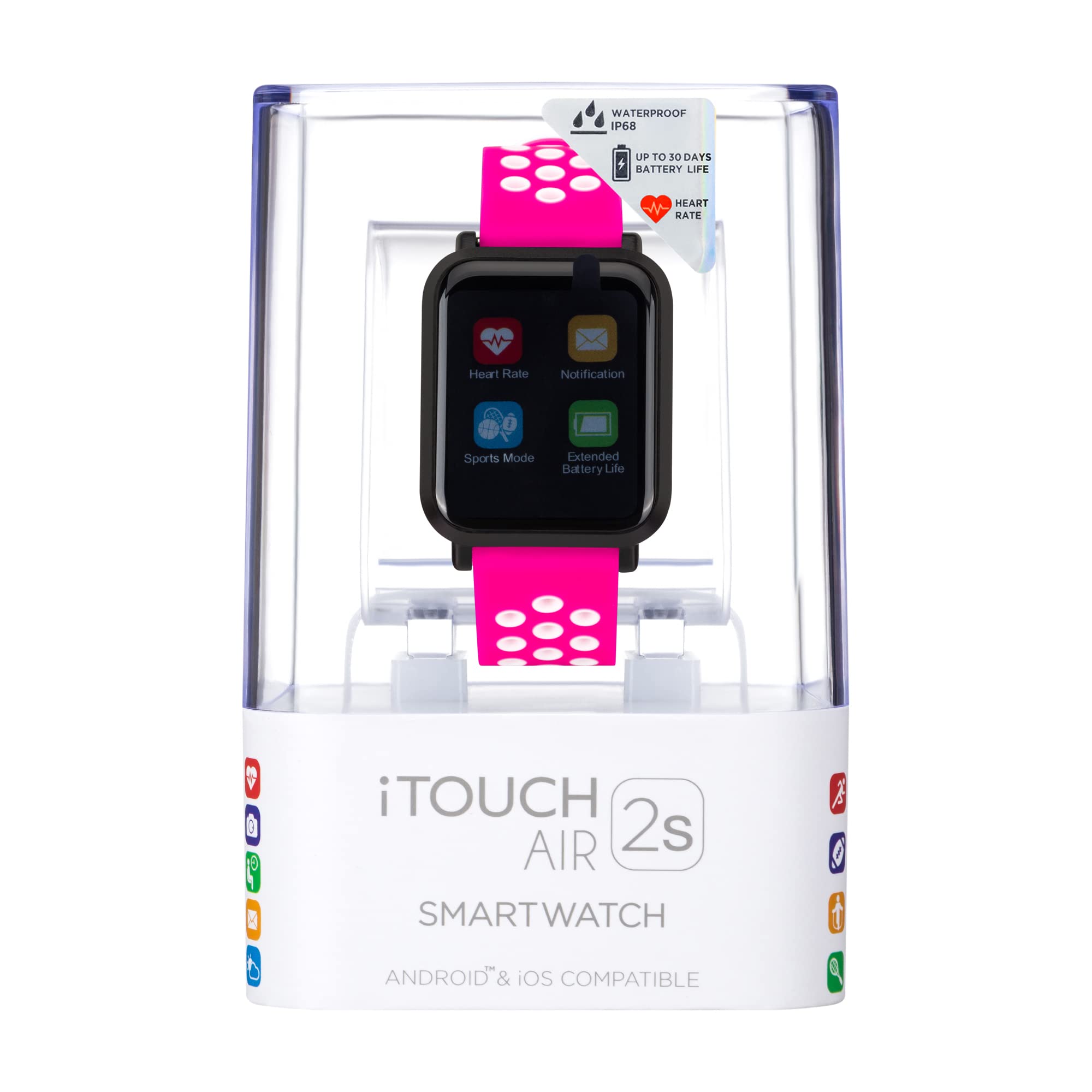 iTouch Air 2S Digital Smartwatch Fitness Tracker, Heart Rate, Step Counter, Sleep Monitor, Message for Women and Men, Touch Screen, Compatible with iPhone and Android (Fuchsia and White)