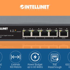 Intellinet PoE++ Powered 5 Port Gigabit Ethernet Switch with PoE Passthrough - 65W Power Budget via AC Power & 95W Power Budget via POE PD, 30W per Port, Fanless & Quiet–3 Yr Mfg Warranty-561808