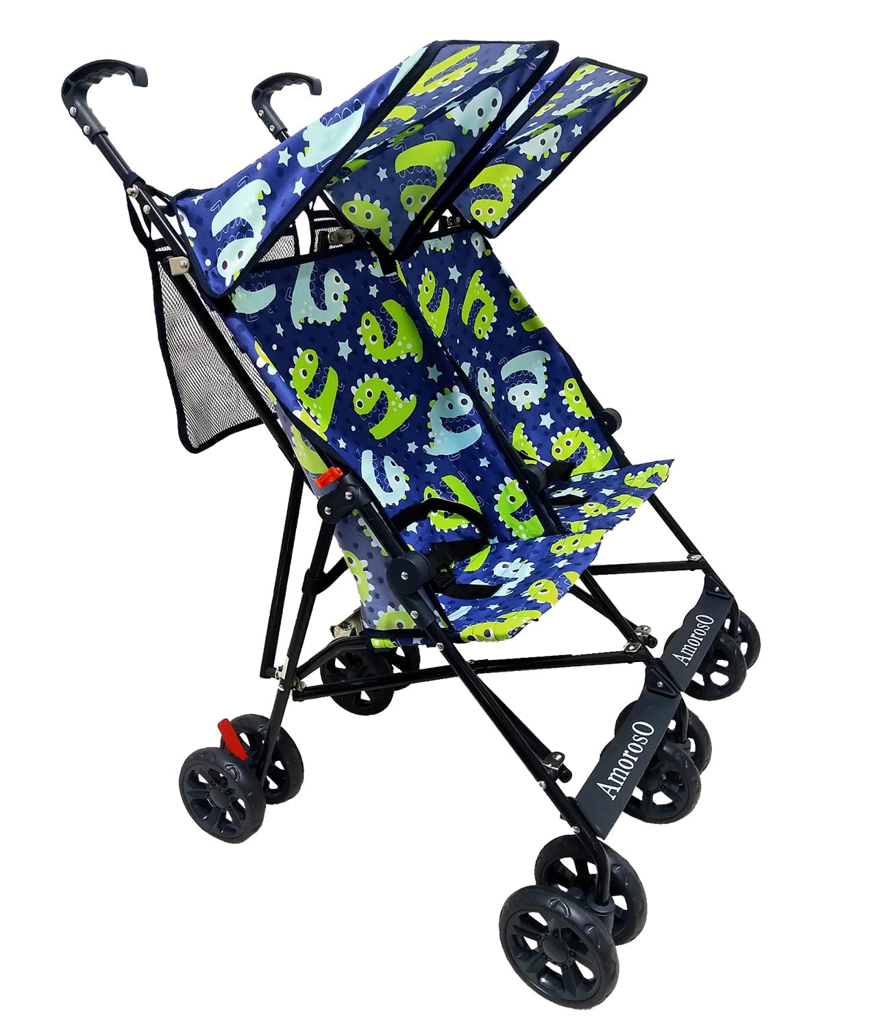 AmorosO Twin Lightweight Umbrella Stroller - Easy to Clean Stroller - Baby Stroller with Four Wheels - Travel-Ready Stroller - with Extra Storage - Sunlight and Light Rain Protection - Black