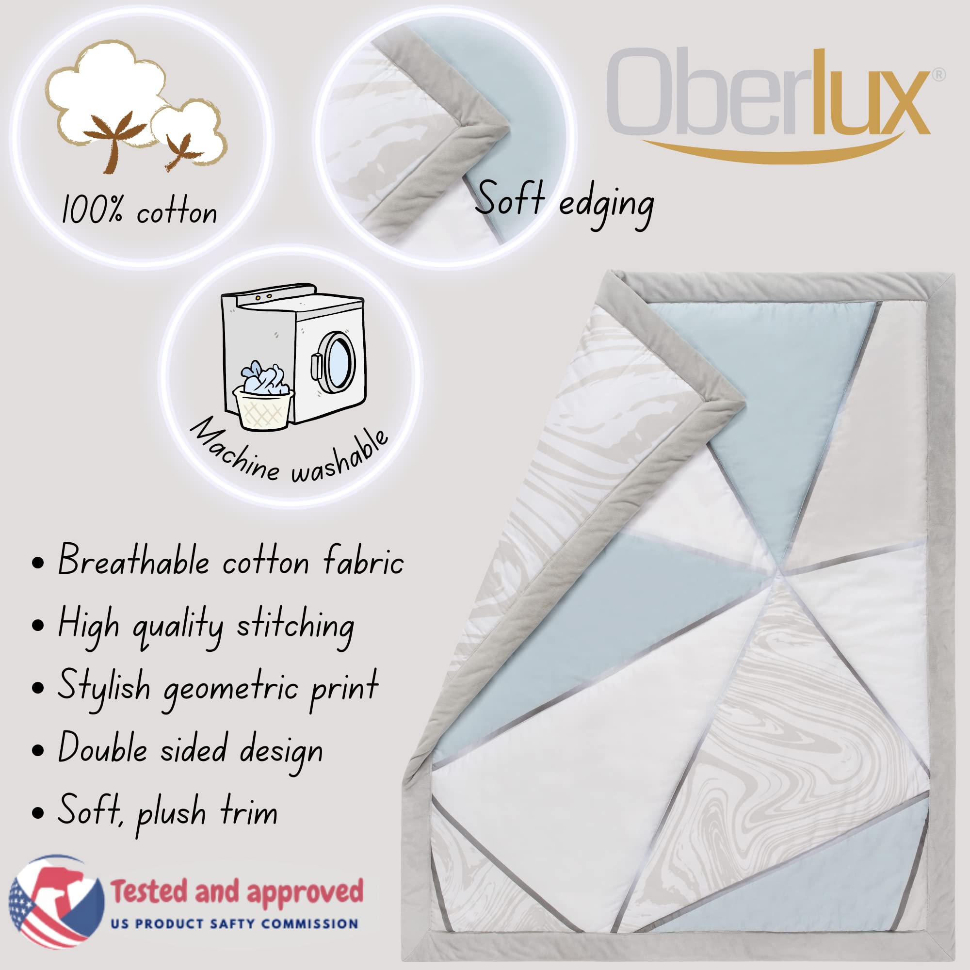 OBERLUX Crib Bedding Set for Boys | 4-Piece Baby Nursery Bedding Crib Set | Geometric Patterns, Shiny Silver, Baby Blue & Marble Prints | Precious Collection