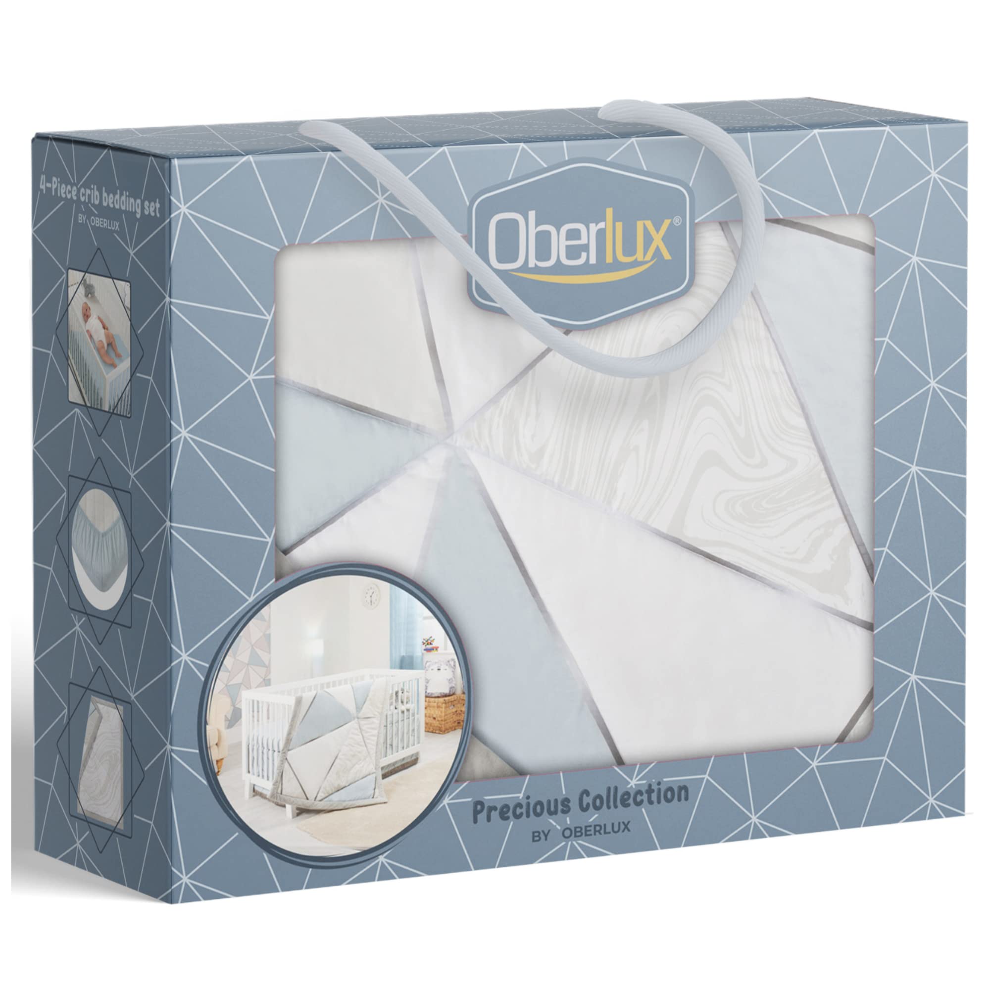 OBERLUX Crib Bedding Set for Boys | 4-Piece Baby Nursery Bedding Crib Set | Geometric Patterns, Shiny Silver, Baby Blue & Marble Prints | Precious Collection