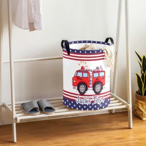 Grandkli Red Fire Truck Personalized Freestanding Laundry Hamper, Custom Waterproof Collapsible Drawstring Basket Storage Bins with Handle for Clothes, Toy, 50cm x 36cm