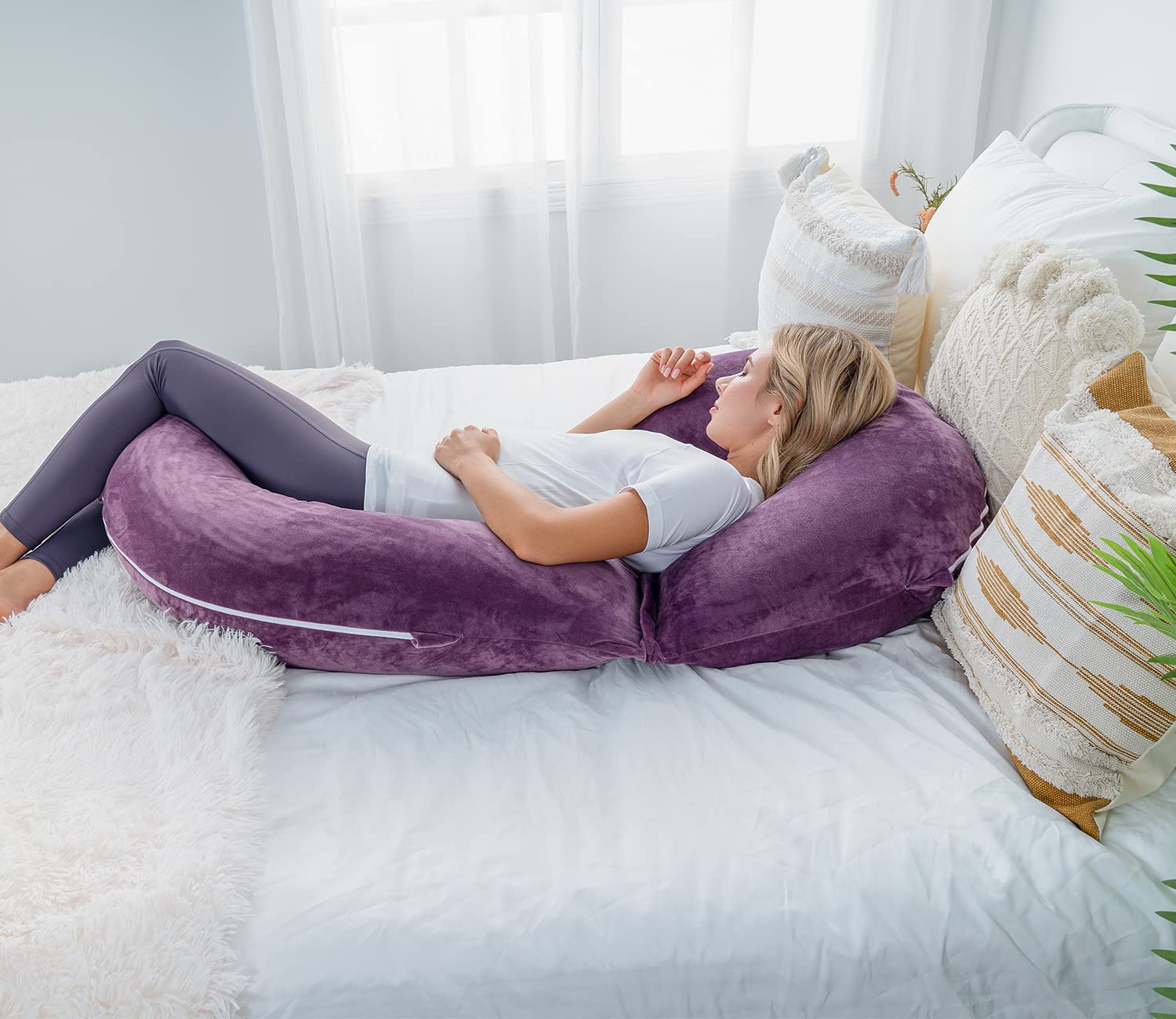 Meiz Pregnancy Pillows, Detachable Pregnancy Pillows for Sleeping, Pregnancy Body Pillow, Maternity Body Pillow for Sleeping, C Shaped Body Pillow with Velvet Cover, Dark Purple