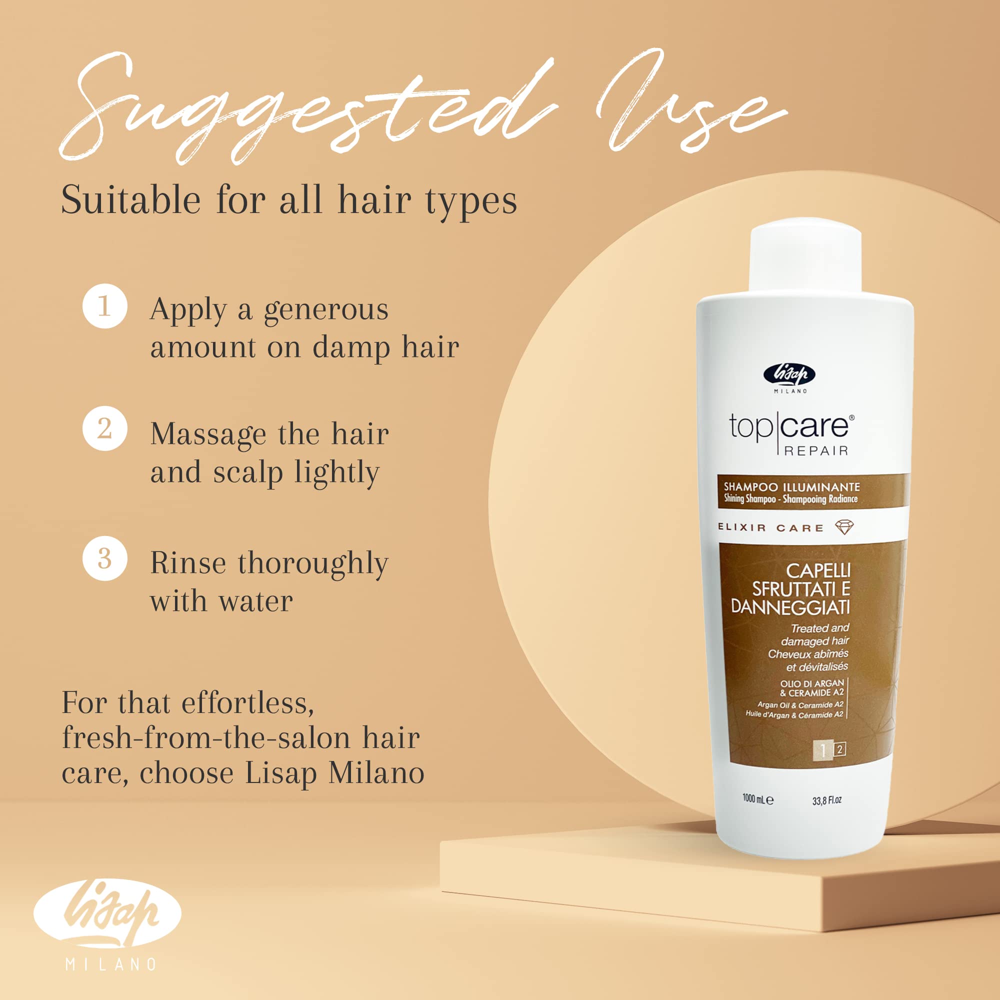 Lisap Top Care Repair | Elixir Care Shampoo | Cleanses, Hydrates, and Adds Shine to Dry, Damaged Hair | 16.91 fl oz