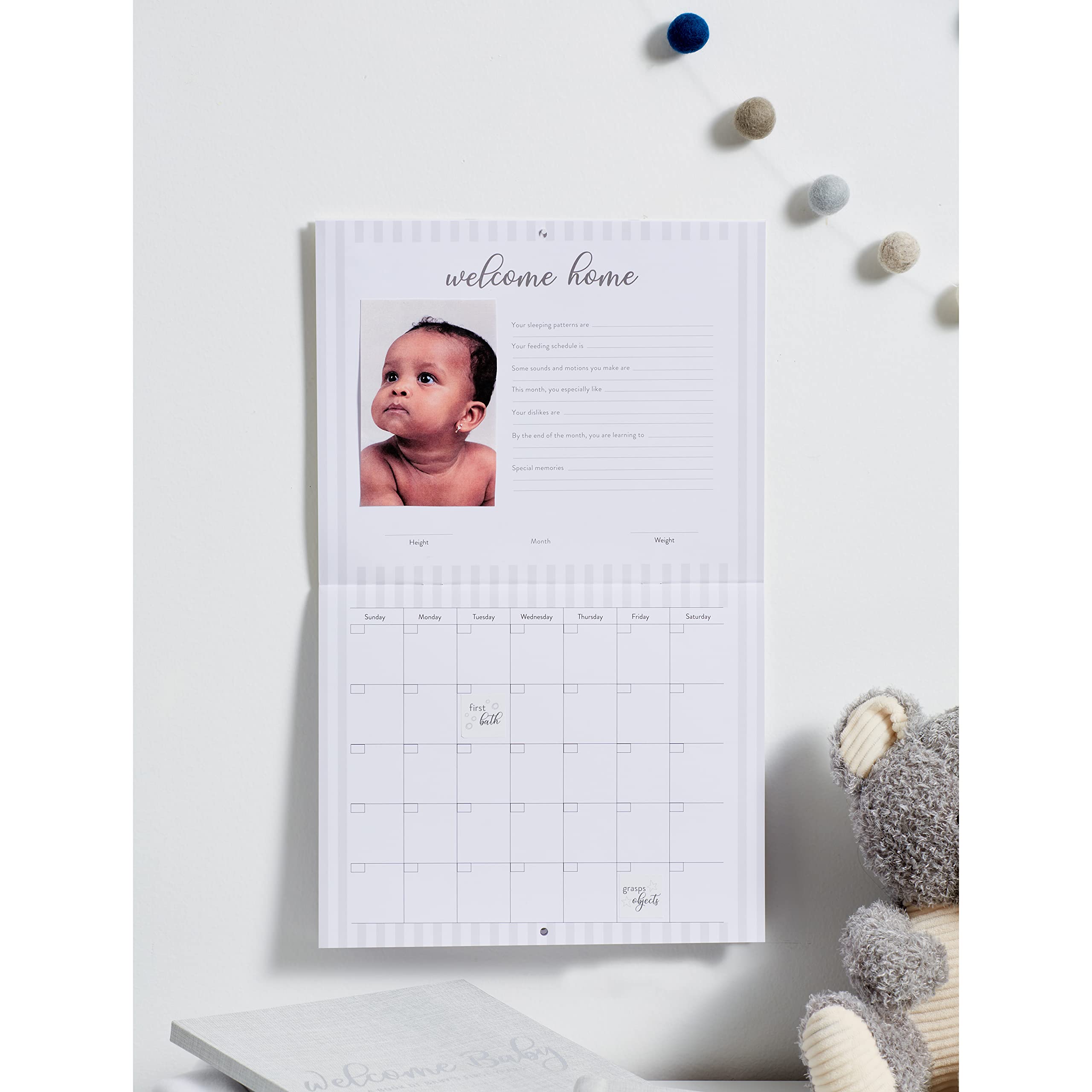 C.R. Gibson BA3-24591 Gender Neutral Welcome Baby's First Year Keepsake Calendar, 11" W x 18" H, Gray and Silver