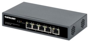 intellinet poe++ powered 5 port gigabit ethernet switch with poe passthrough - 65w power budget via ac power & 95w power budget via poe pd, 30w per port, fanless & quiet–3 yr mfg warranty-561808