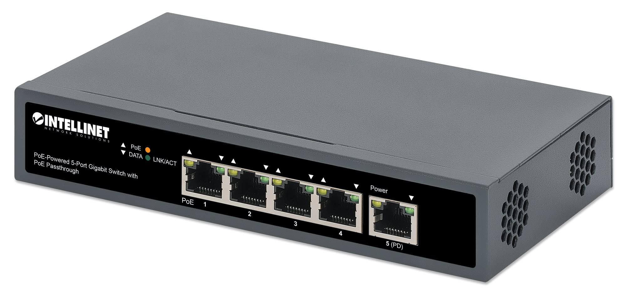 Intellinet PoE++ Powered 5 Port Gigabit Ethernet Switch with PoE Passthrough - 65W Power Budget via AC Power & 95W Power Budget via POE PD, 30W per Port, Fanless & Quiet–3 Yr Mfg Warranty-561808