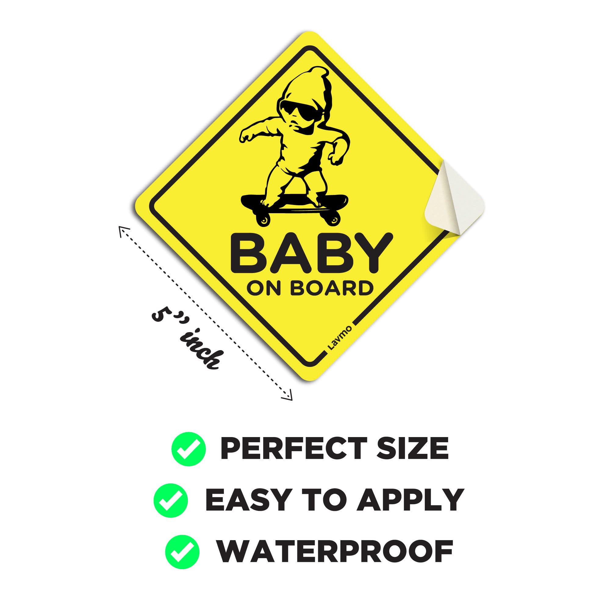 LAVMO Baby On Board Sticker For Cars (2 Pcs) - Bright Yellow Reflective Safety Signs - 5"x5" Funny and Cute Safety Caution Decal Sign for Window and Bumper - No Need for Suction Cups and Magnets